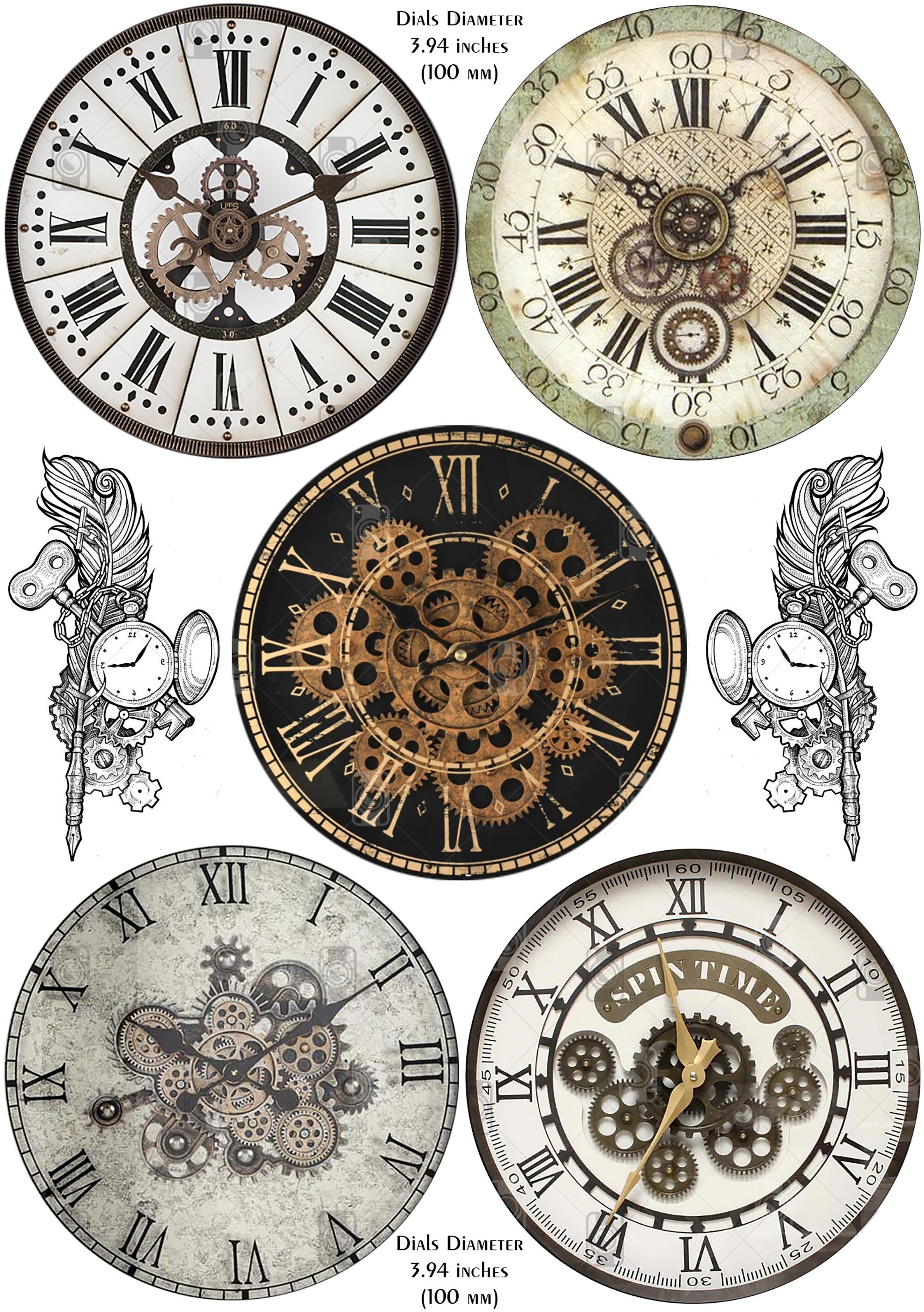 Steampunk Clock Face Images Kit of 3 Printable A4 Sheets - 18 Round ...