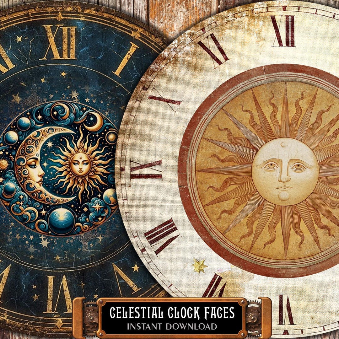 2 Celestial Art Clock Faces - 8" Printable Tarot Sun Moon Stars Design Vintage Watch Dials With ...