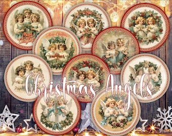 Victorian Christmas Angels Round Images Fussy Cut, Digital Printable ...