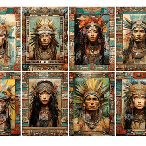 Aztec Woman and Man Digital ATC Cards - 8 Printable Maya Watercolor ...