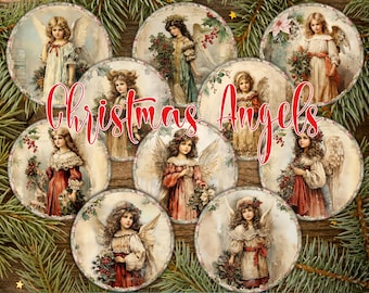 Victorian Christmas Angels Round Images Fussy Cut, Digital Printable ...
