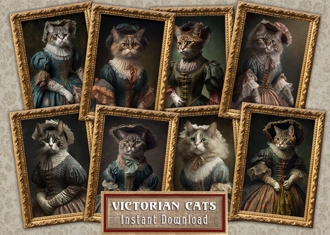 Digital ATC Cards Victorian Cat Portrait - 8 ACEO Ai Generated Art Pet ...
