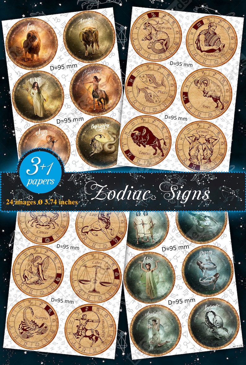 31 FREE Digital Paper Printable vintage Zodiac Signs A4 Sheet Set 24 ...