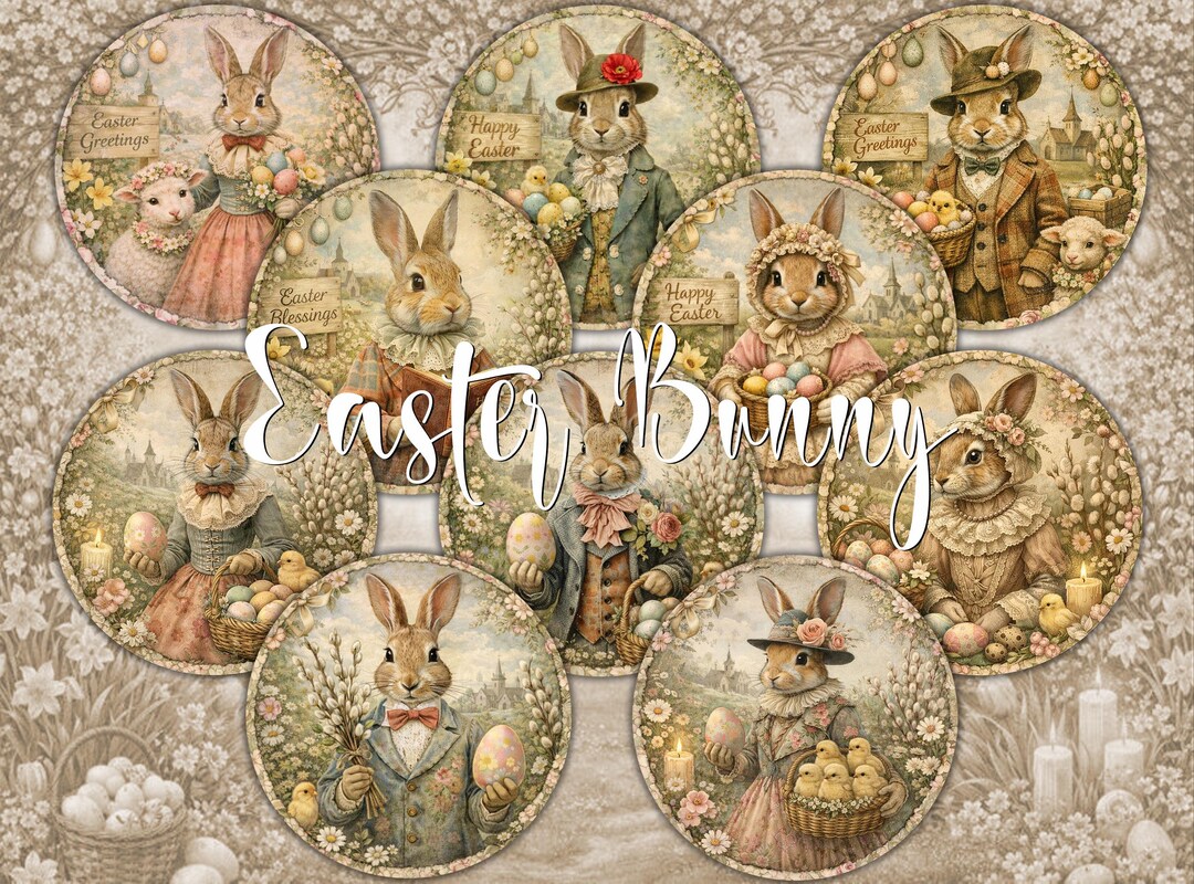 10 Easter Bunny Vintage Rabbit Round Images PNG & 2 Digital Printable ...