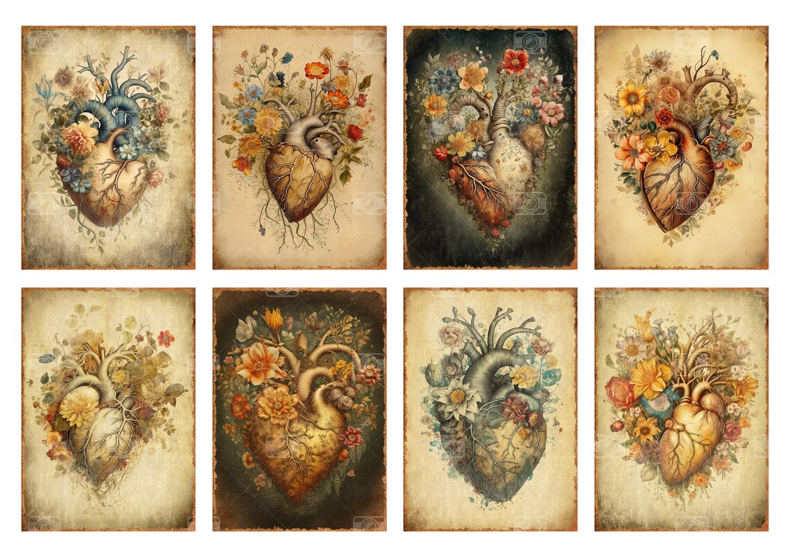 Floral Heart Human Anatomy Surreal Art ATC Cards - 8 Printable ACEO ...