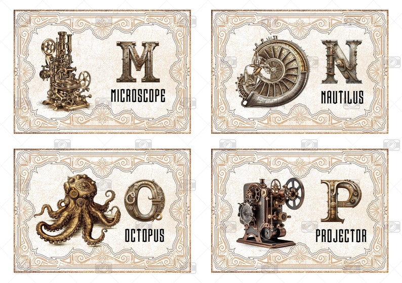 26 Steampunk Alphabet Flashcards, Printable ABC Cards With Rusty Metal ...