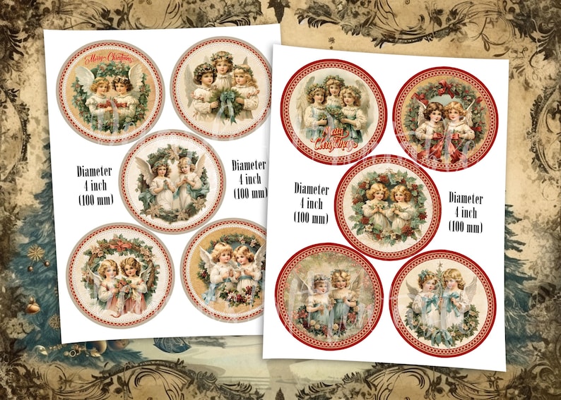 10 Retro Christmas Angels Round Images PNG and 2 Digital Printable ...