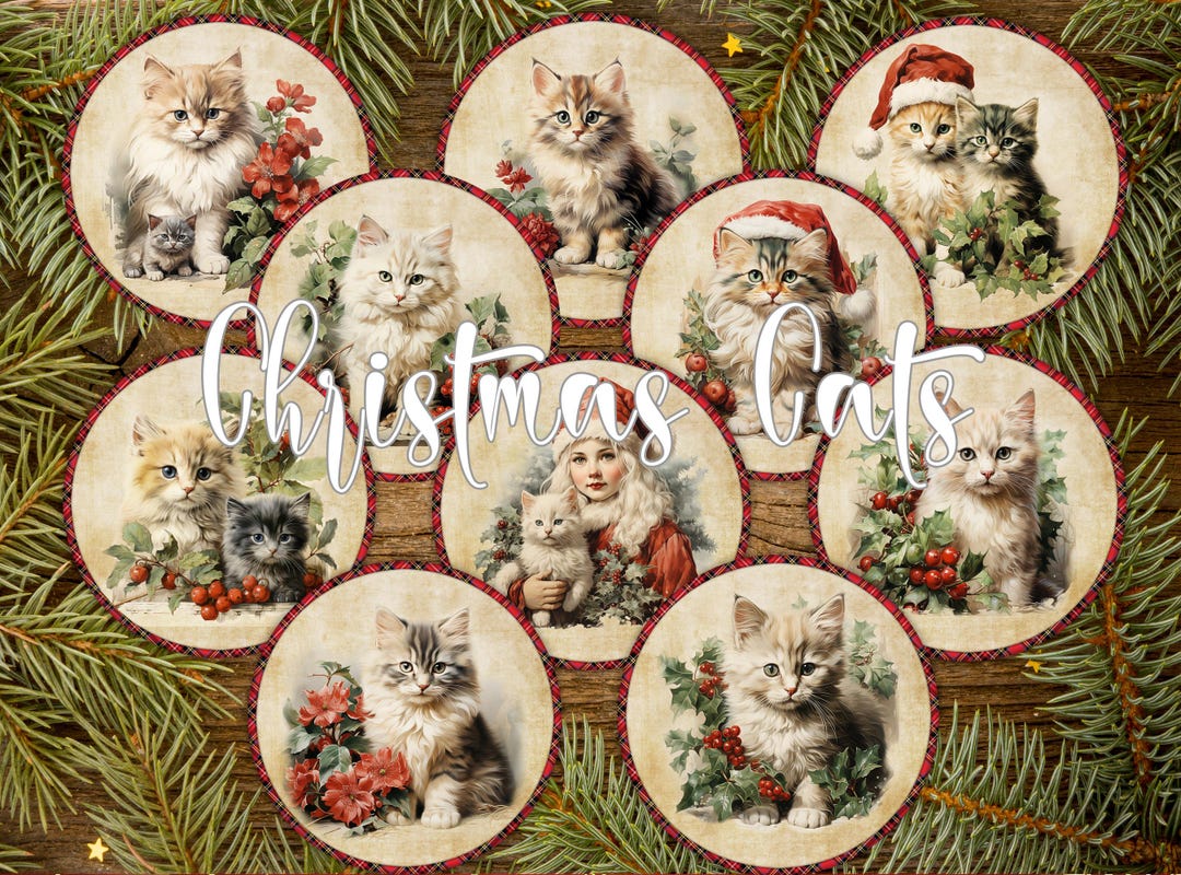 10 Vintage Christmas Cats Round Images PNG and 2 Digital Printable ...