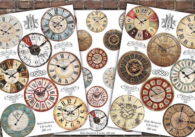 32 Retro Clock Face Dials Kit of 3 Digital Printable A4 Sheets - Ø2 ...