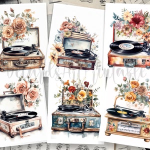 Retro Vinyl Record Player Digital Paper Pack - 18 Watercolor Floral ...