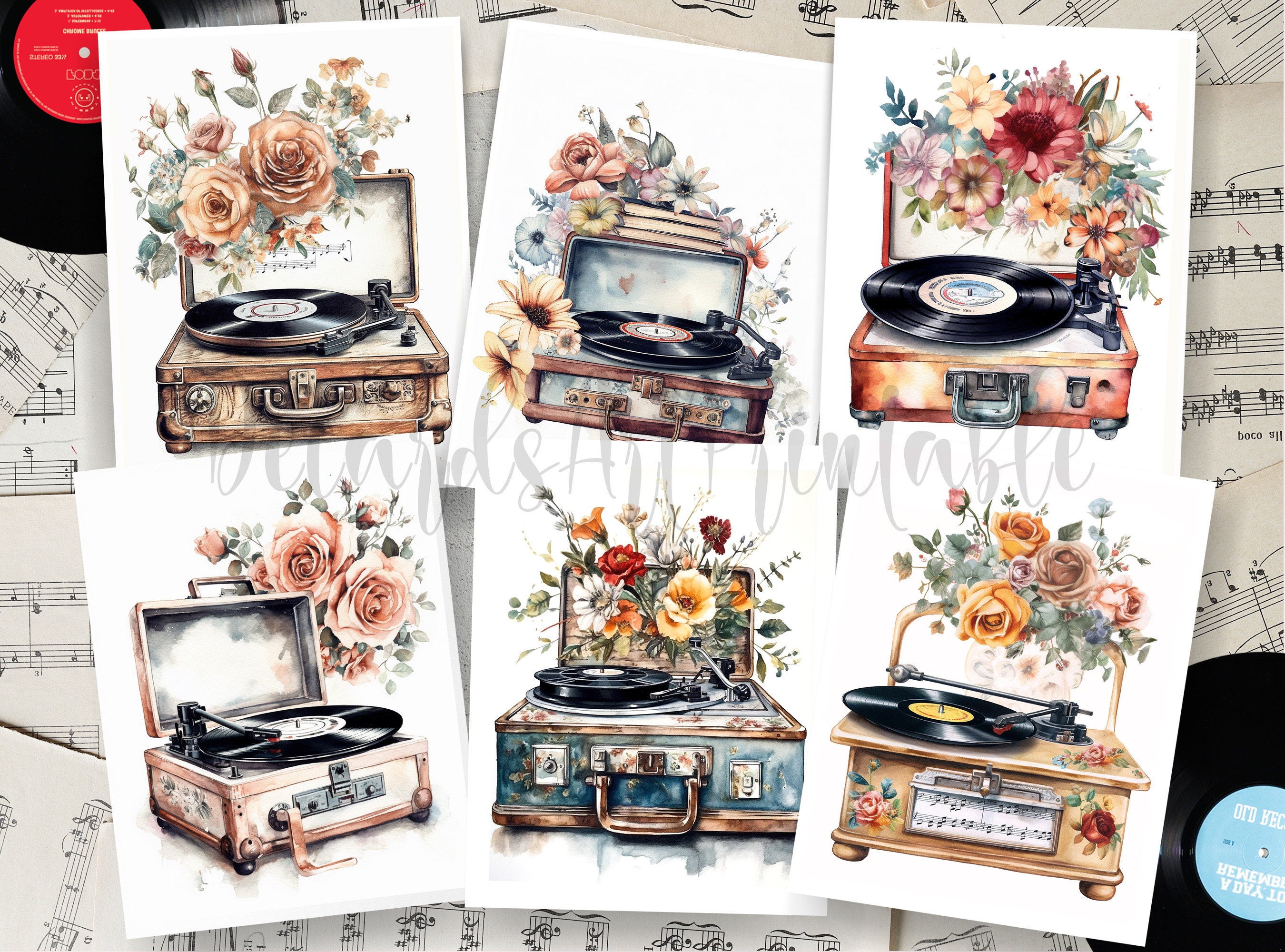 Retro Vinyl Record Player Digital Paper Pack 18 Watercolor Floral ...