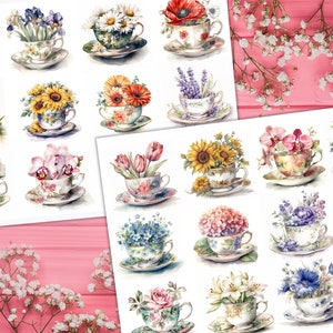 42 Floral Tea Cup Clipart - 5 Digital Printable Sheet, Watercolor ...