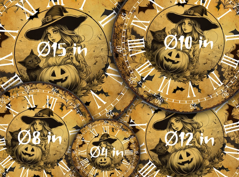 5 Halloween Clock Faces PNG 15, 12, 10, 8, 4 Digital Printable Macabre ...