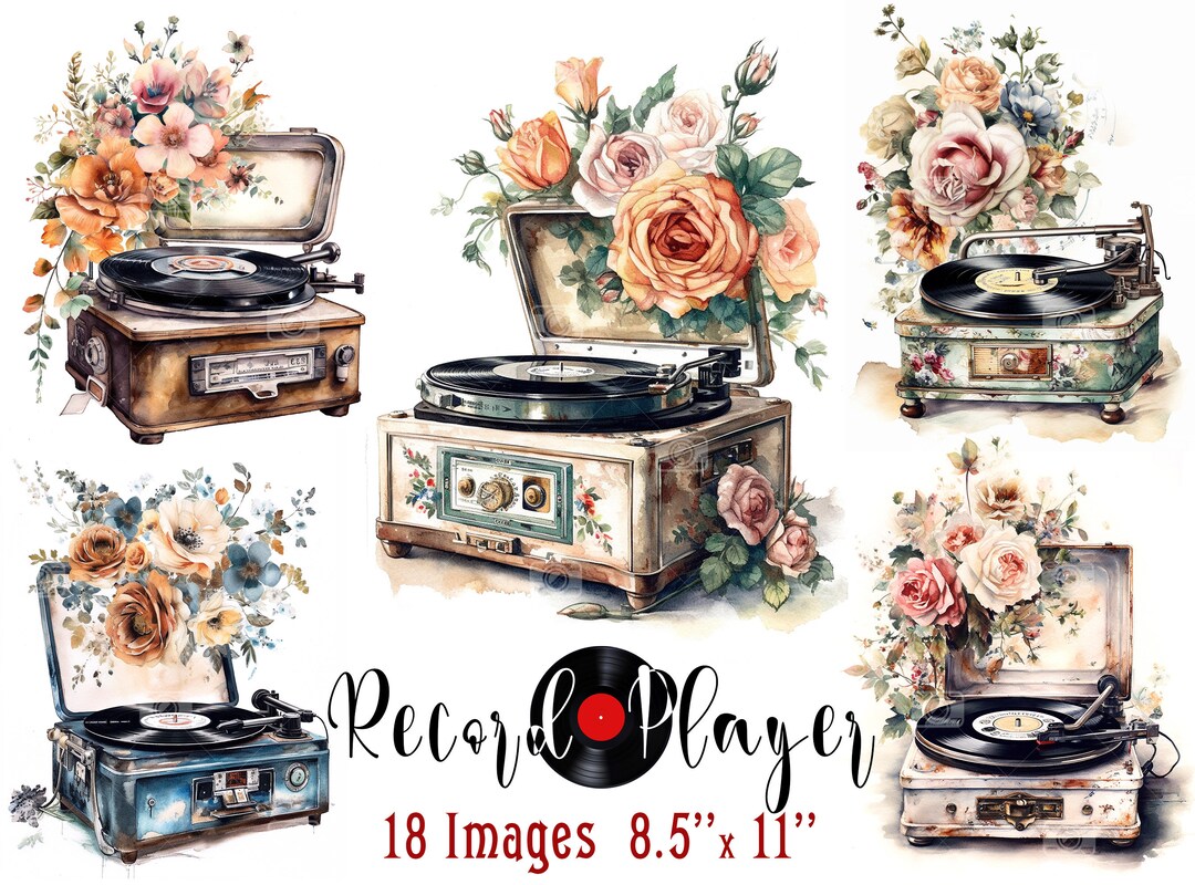 Retro Vinyl Record Player Digital Paper Pack - 18 Watercolor Floral ...