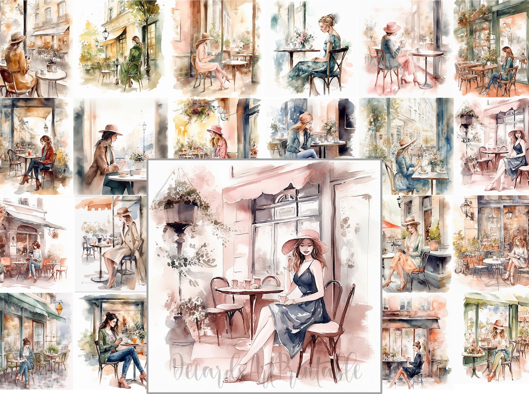20 Cute Girl in a Cozy Cafe Watercolor Clipart, Spring Coffee Shop ...