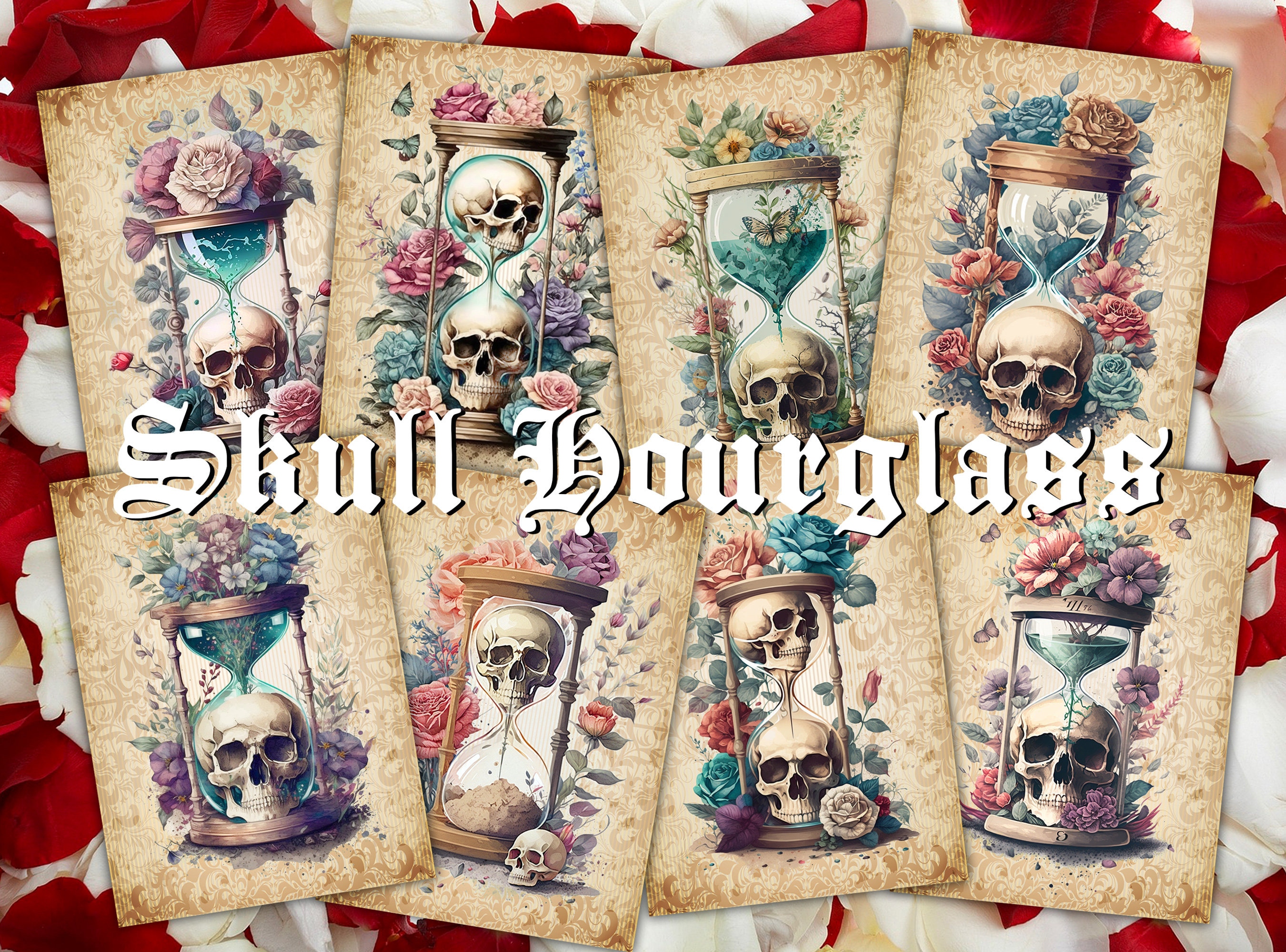 Skull Hourglass Digital ATC Cards - 8 Printable ACEO Watercolor Clipart ...