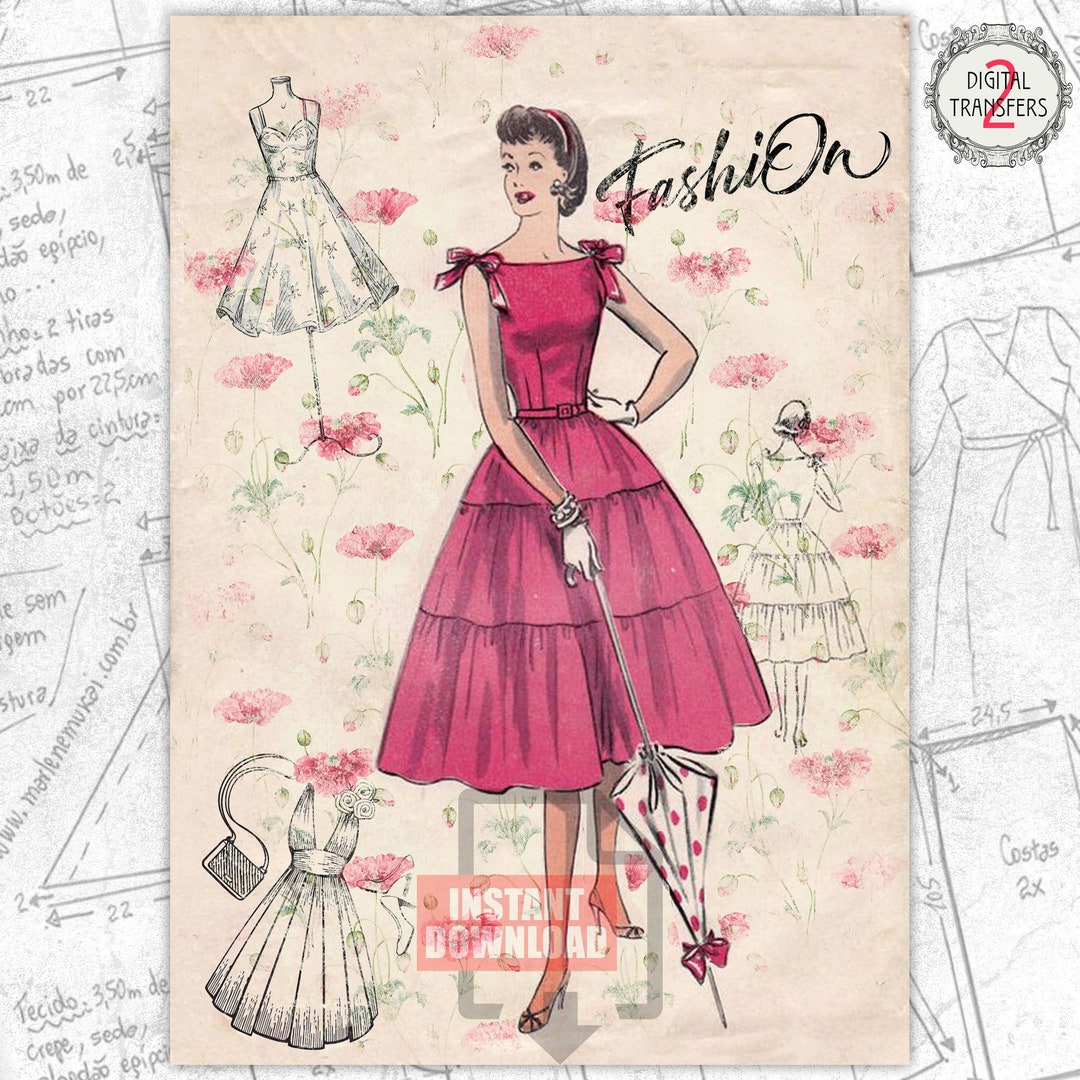 Large Digital Transfer Retro Fashion Woman A4 Sheet Image for Shoppers ...