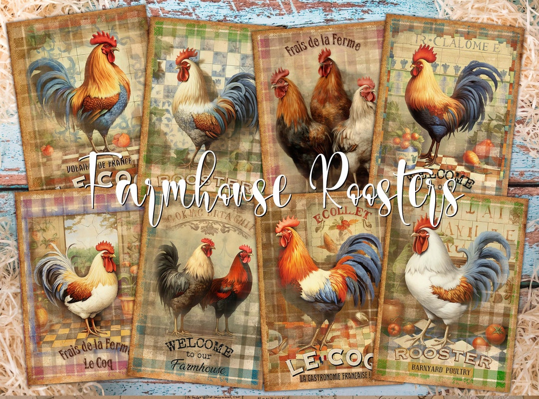 Roosters Farmhouse Decor Digital ATC Cards - 8 Printable Rustic Art ...
