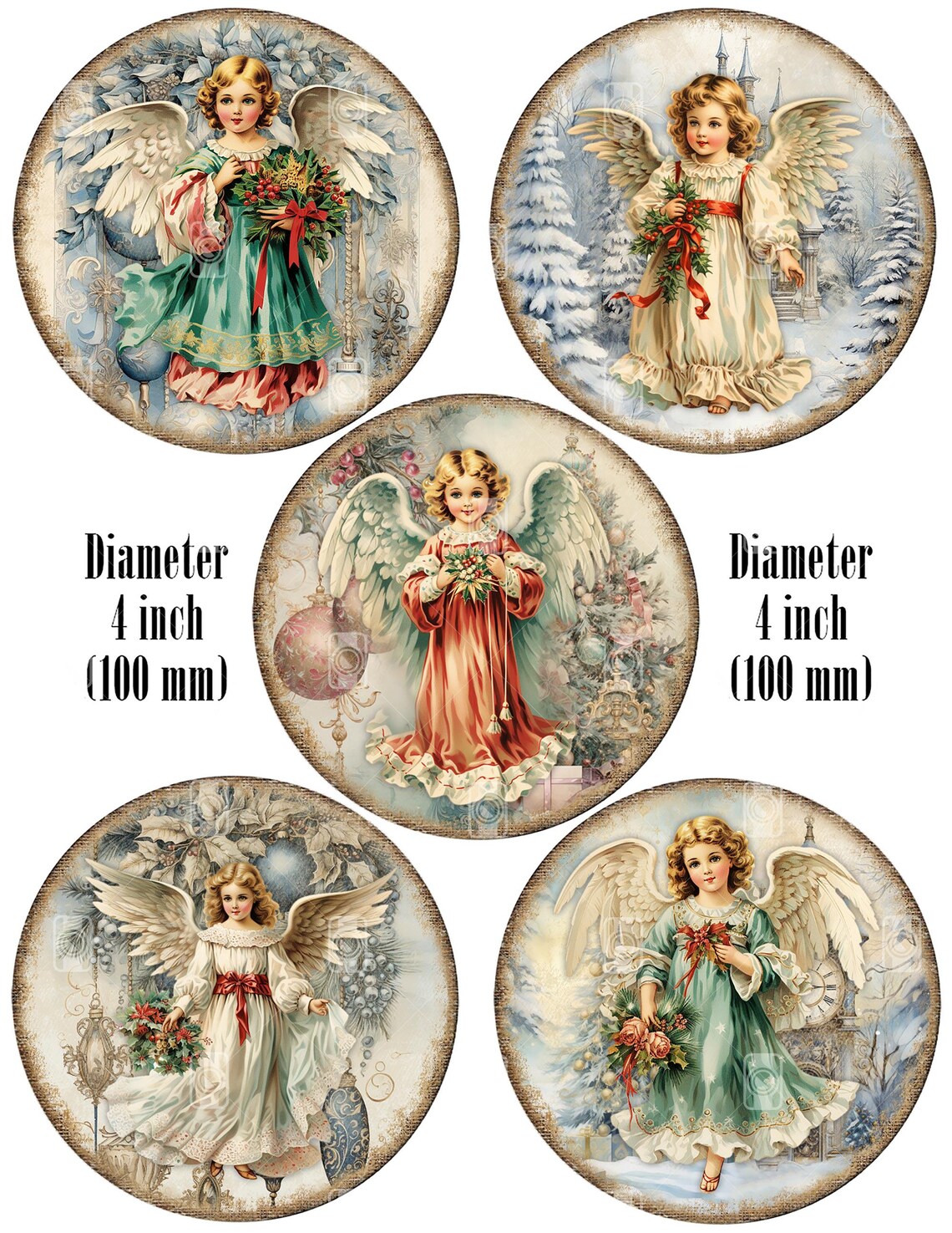 10 Victorian Christmas Angels 4" Round Images PNG and 2 Digital ...
