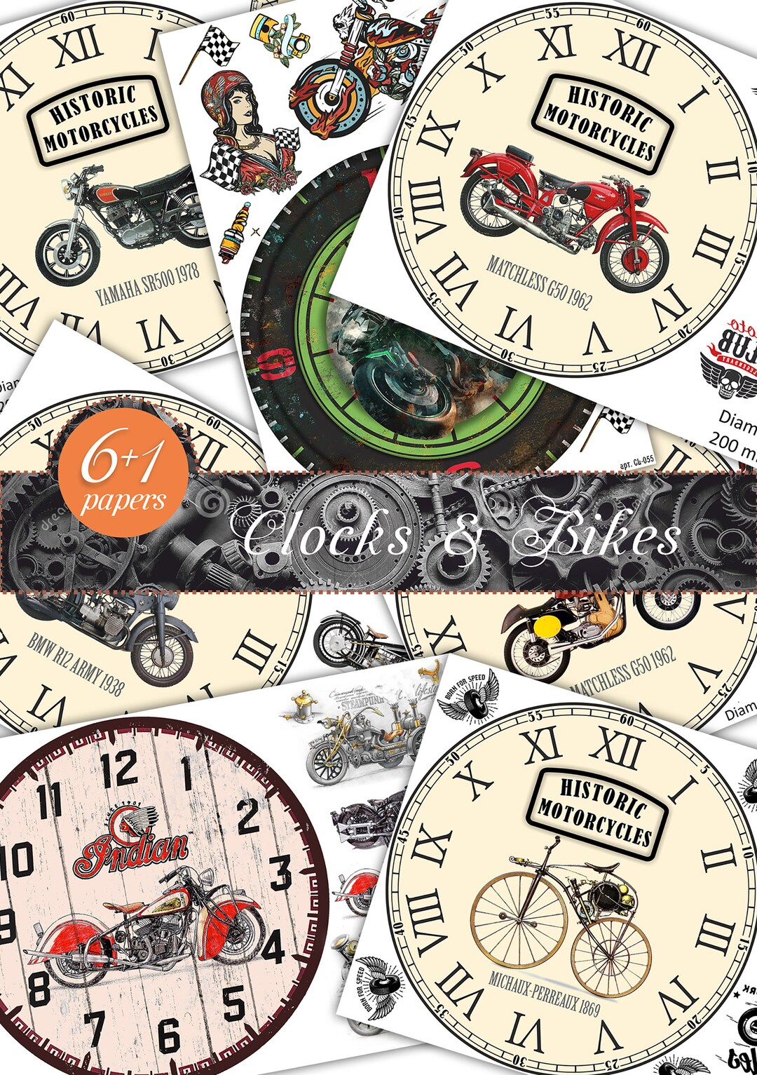 6+1 FREE Digital Paper Printable "clocks & Bikes" A4 Sheet Pack JPG ...