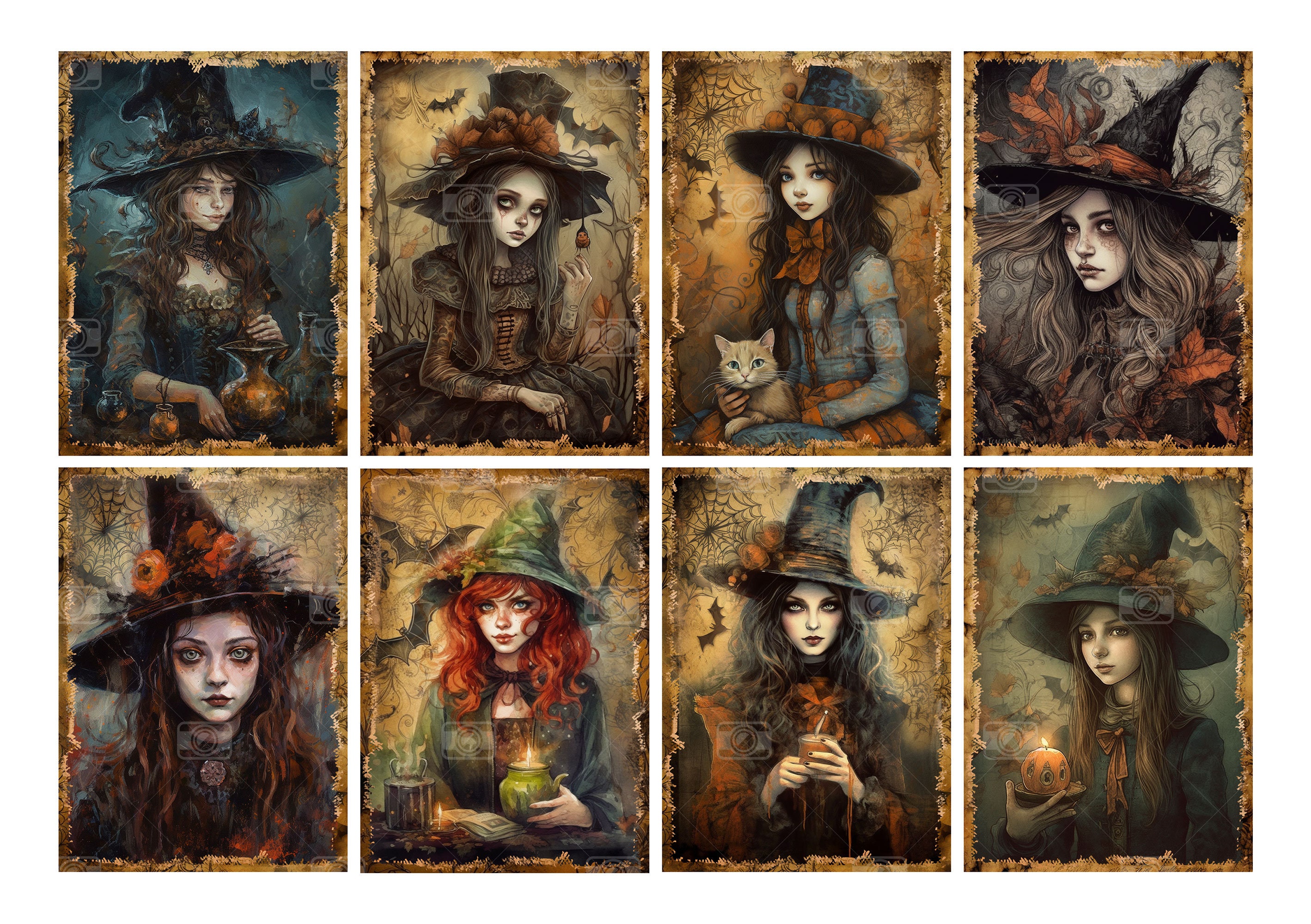 Halloween Witch Digital ATC Cards - 8 Printable Macabre Art Junk ...