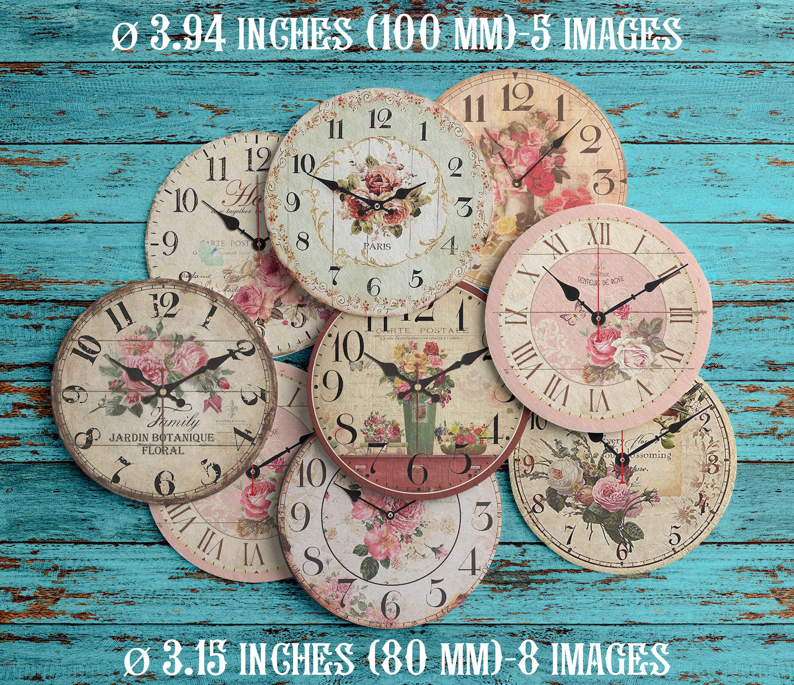 2 Digital Paper Printable clocks & Flowers A4 Sheet Set 13 High ...