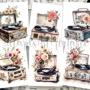 Retro Vinyl Record Player Digital Paper Pack - 18 Watercolor Floral ...