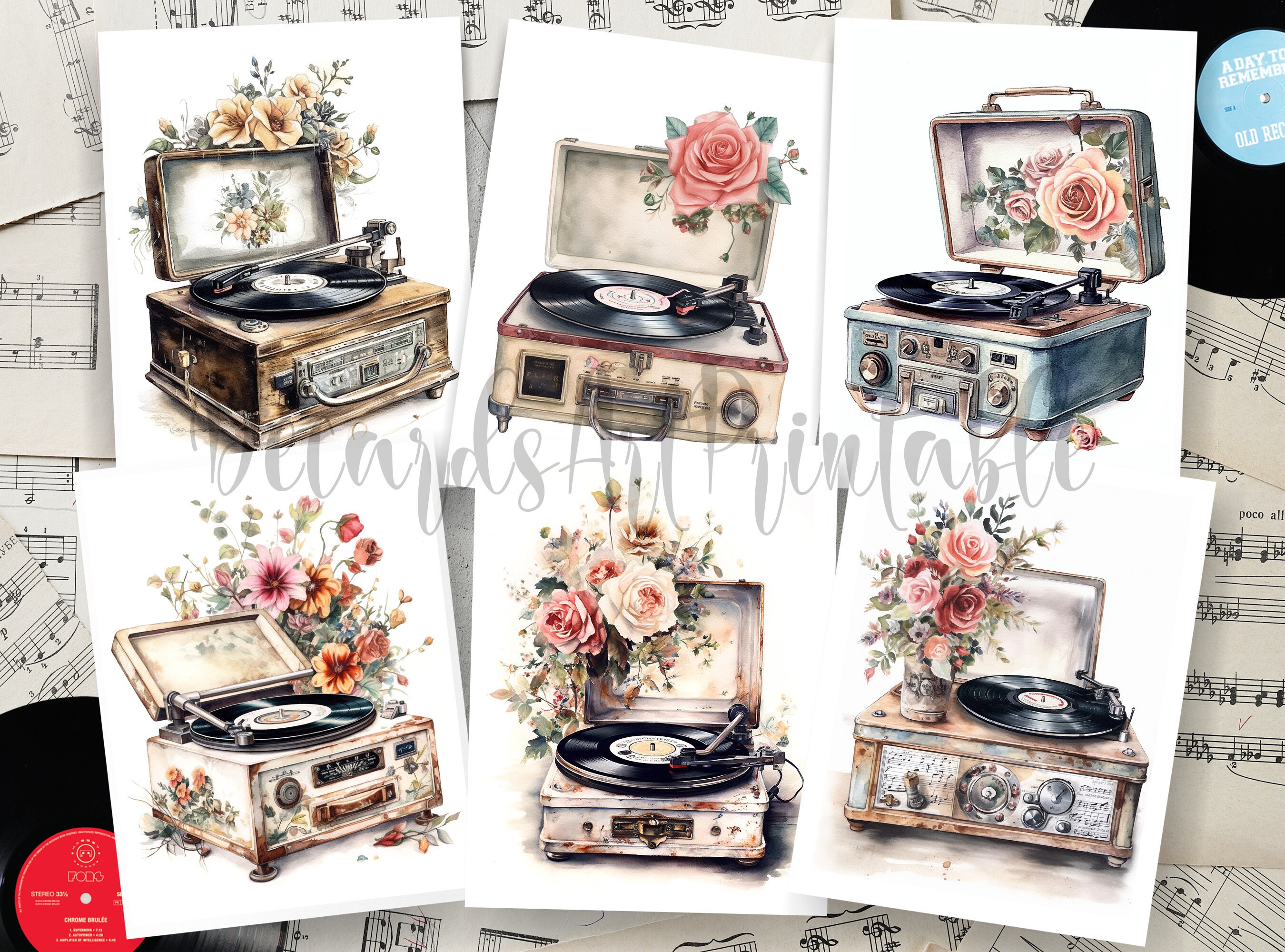 Retro Vinyl Record Player Digital Paper Pack 18 Watercolor Floral ...