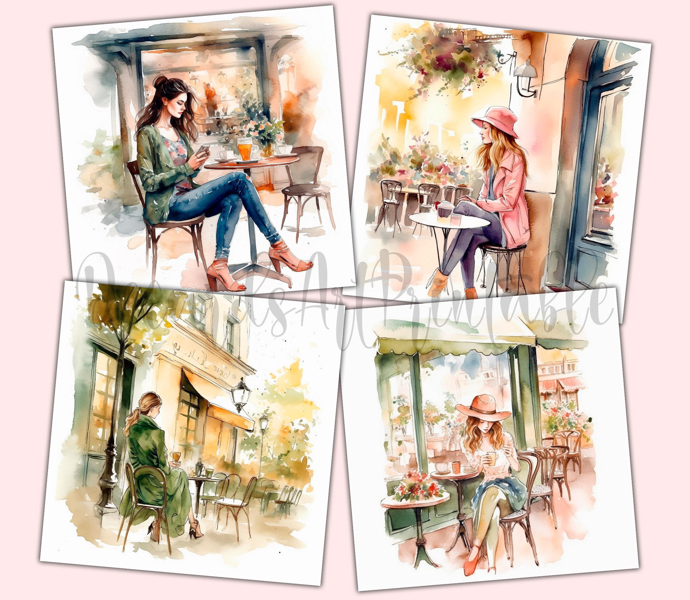 20 Cute Girl in a Cozy Cafe Watercolor Clipart, Spring Coffee Shop ...