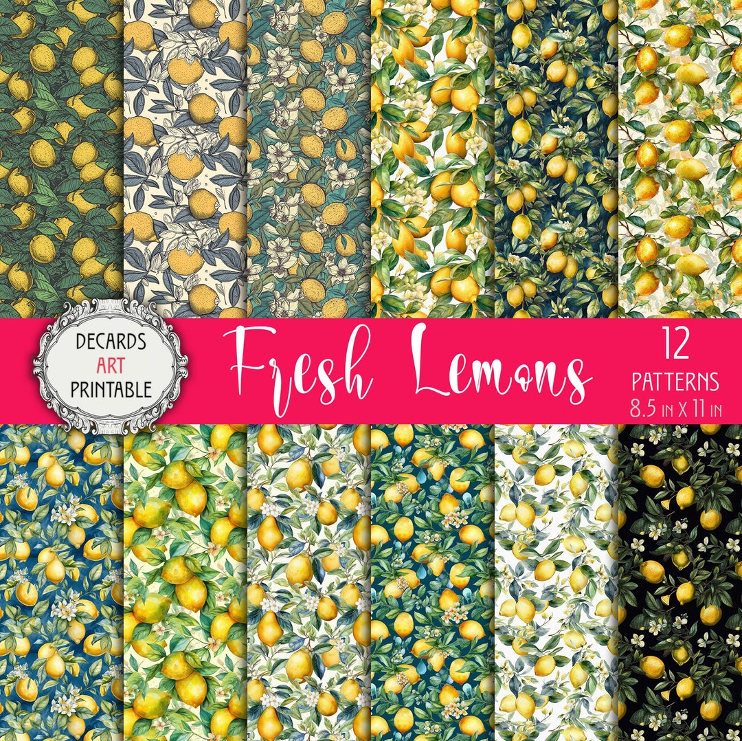 12 Lemon Digital Paper Pack, Citrus Pattern Watercolor Background ...