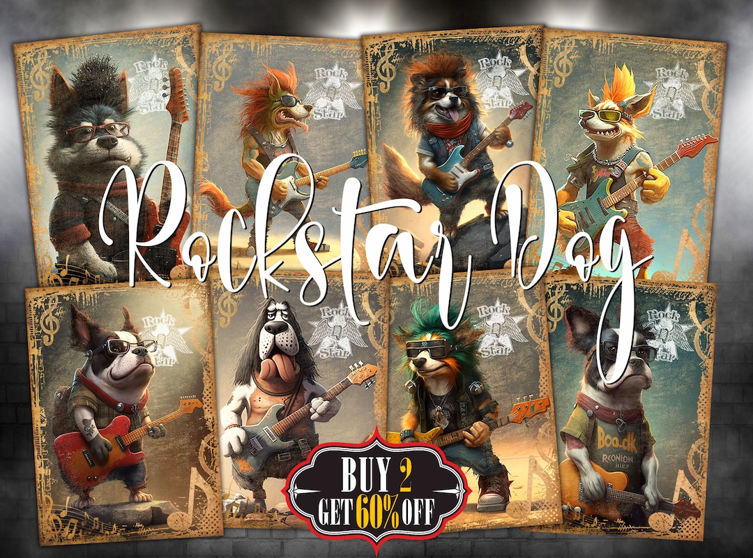 Rockstar Dog Portrait Digital ATC Cards - 8 Printable Cartoon Pet Rock ...