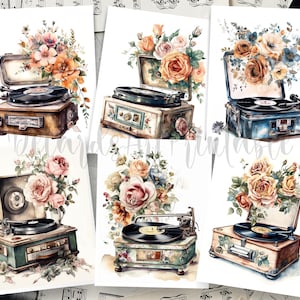Retro Vinyl Record Player Digital Paper Pack - 18 Watercolor Floral ...
