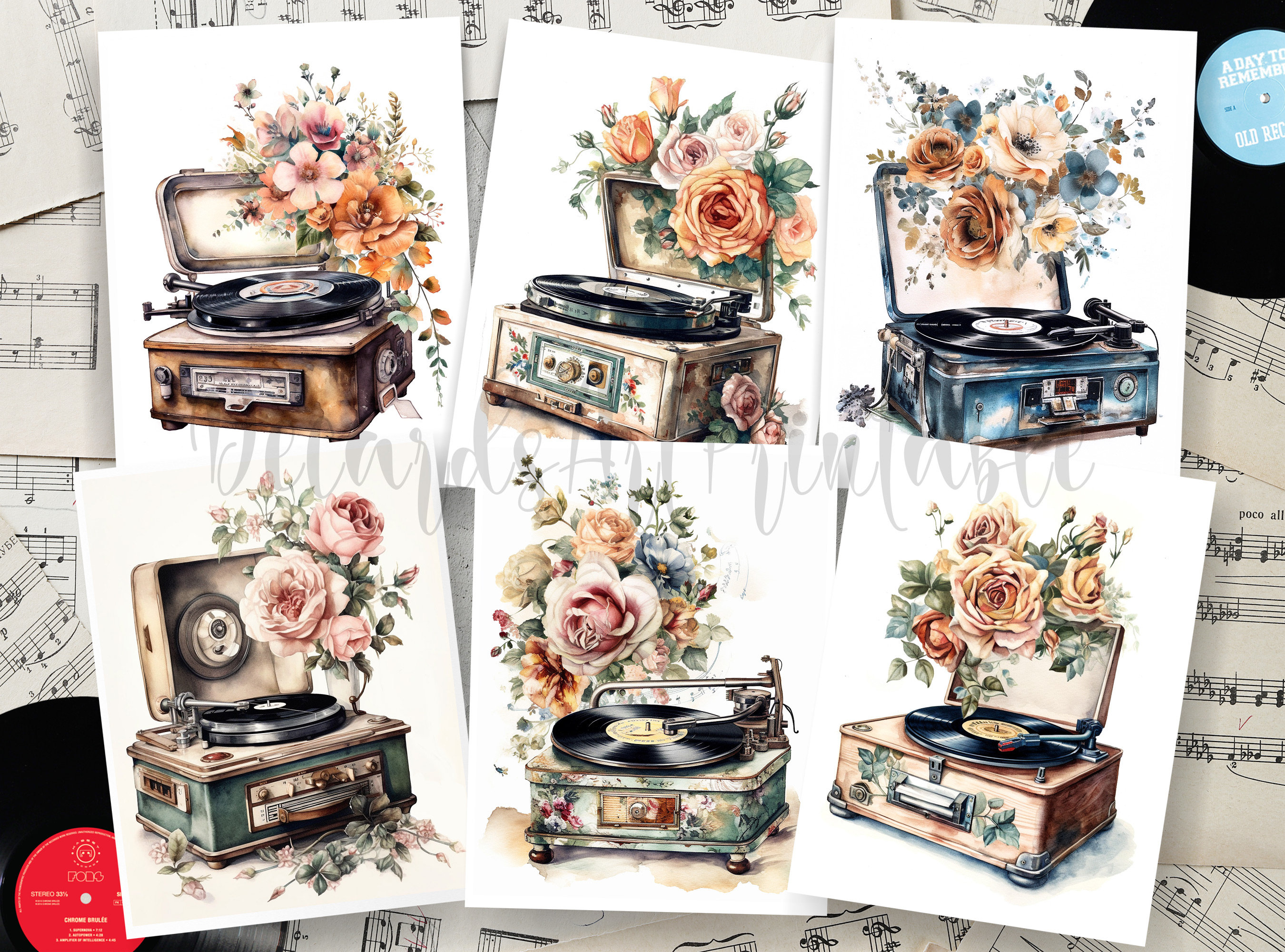 Retro Vinyl Record Player Digital Paper Pack - 18 Watercolor Floral ...