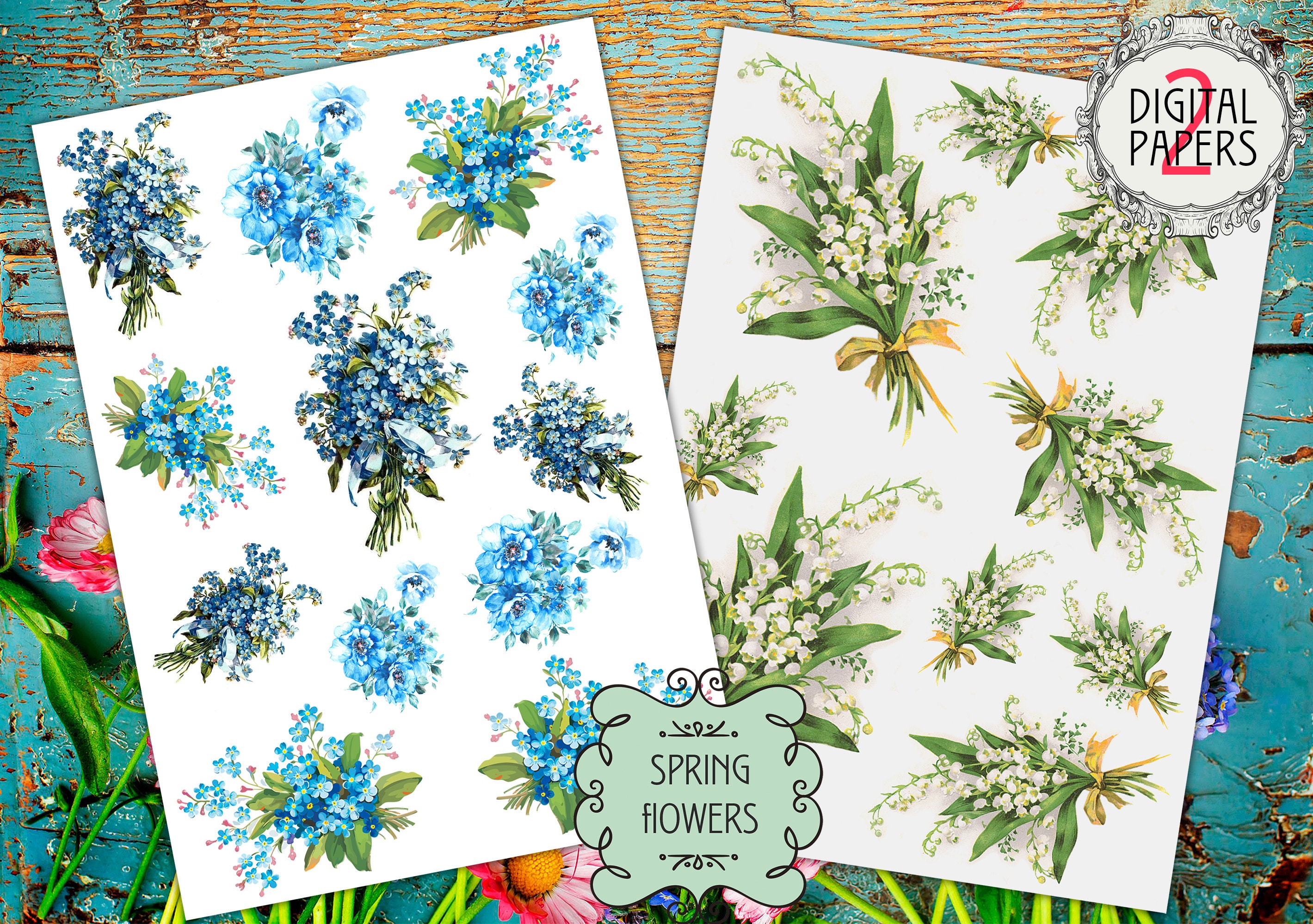2 Digital Paper Printable spring Flowers A4 Sheet Set 21 Various Sizes ...