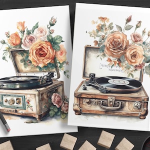 Retro Vinyl Record Player Digital Paper Pack - 18 Watercolor Floral ...