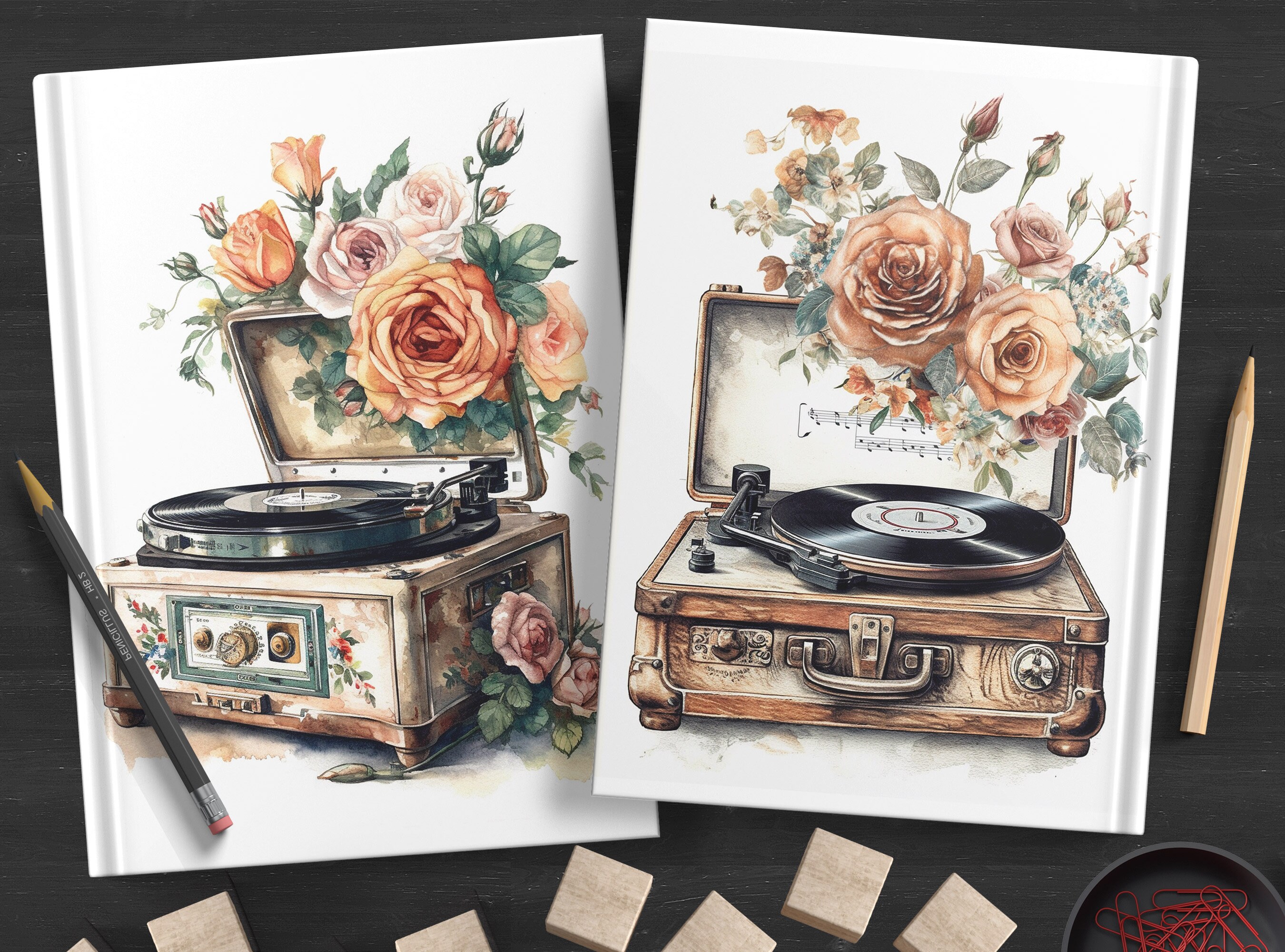 Retro Vinyl Record Player Digital Paper Pack 18 Watercolor Floral ...