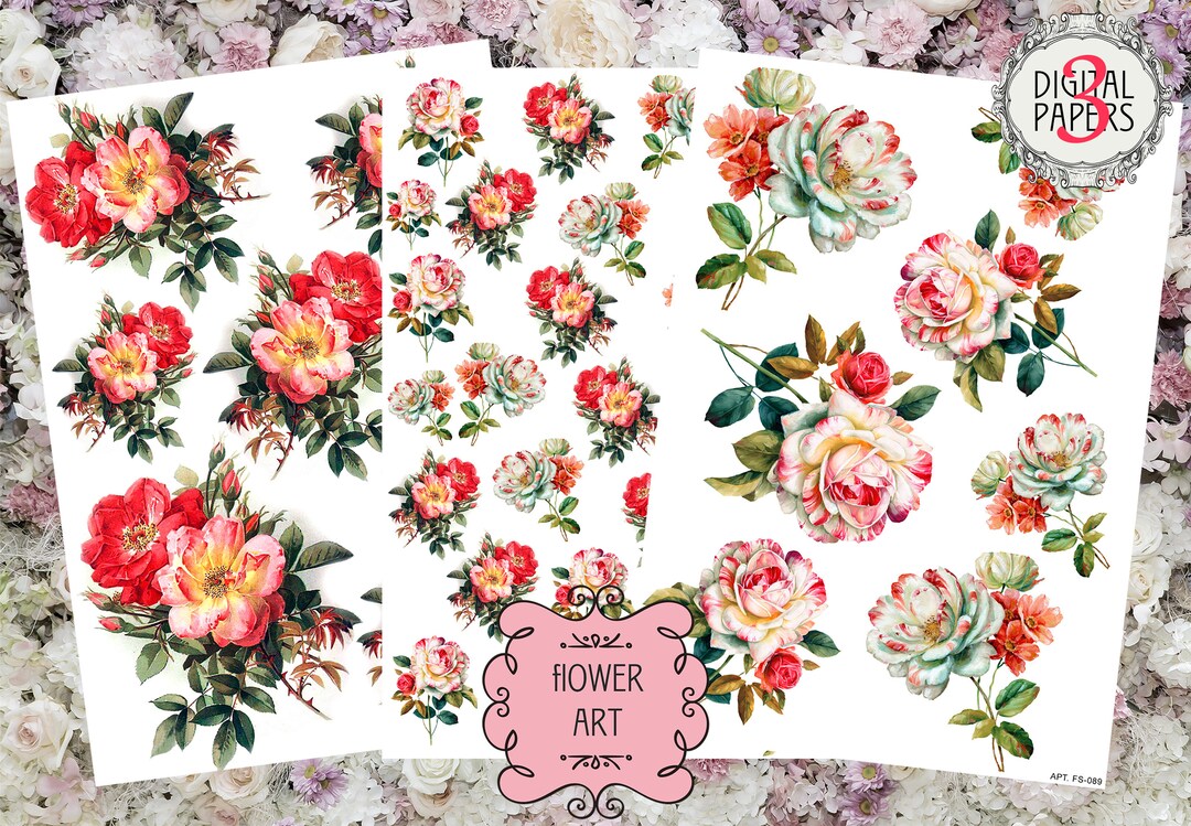 3 Digital Paper Printable Flower Art A4 Sheet Set - 42 Various Sizes ...