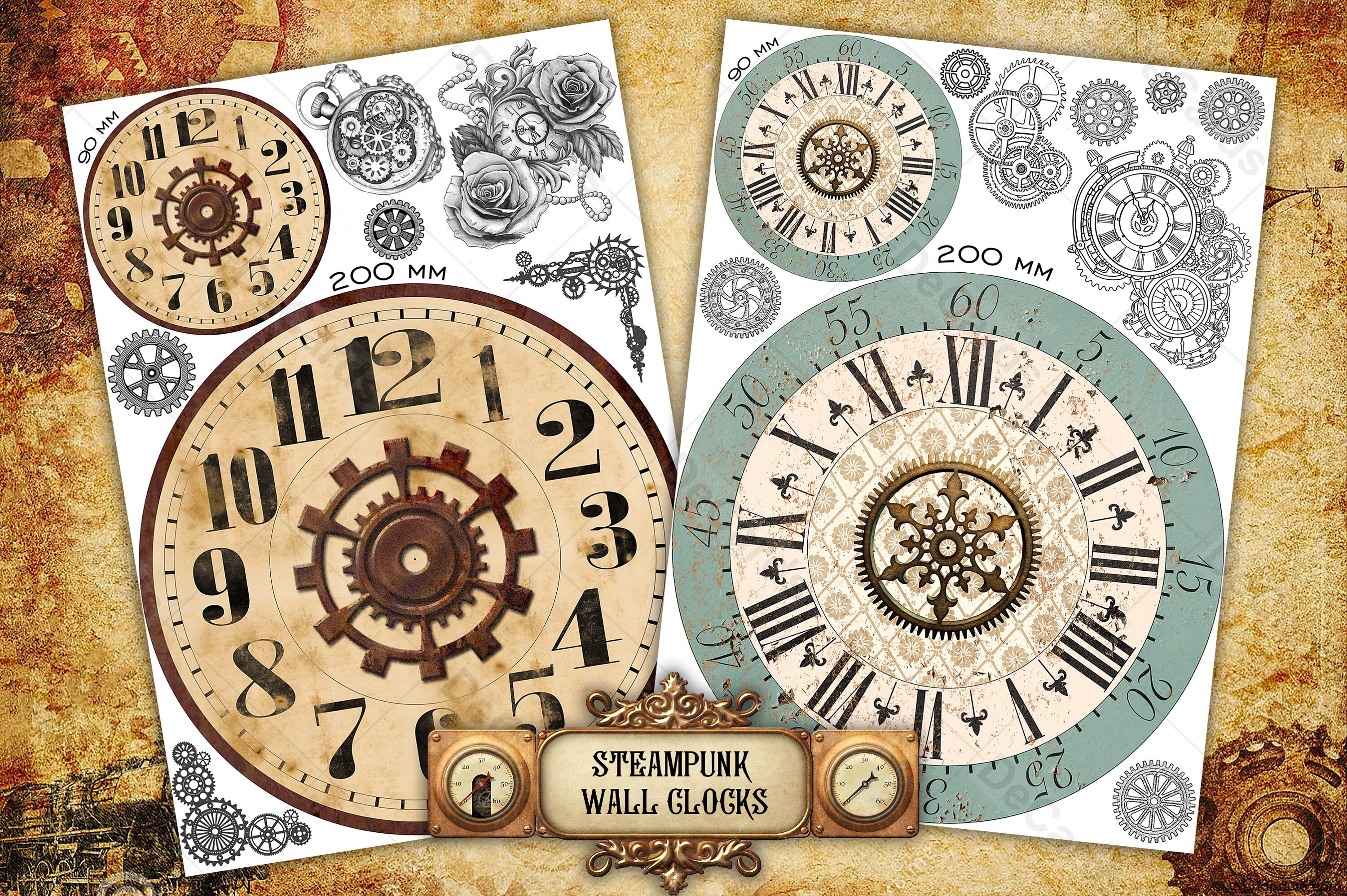 2 Digital Printable Watch Face steampunk Clocks ø7,87 200mm for Clock ...