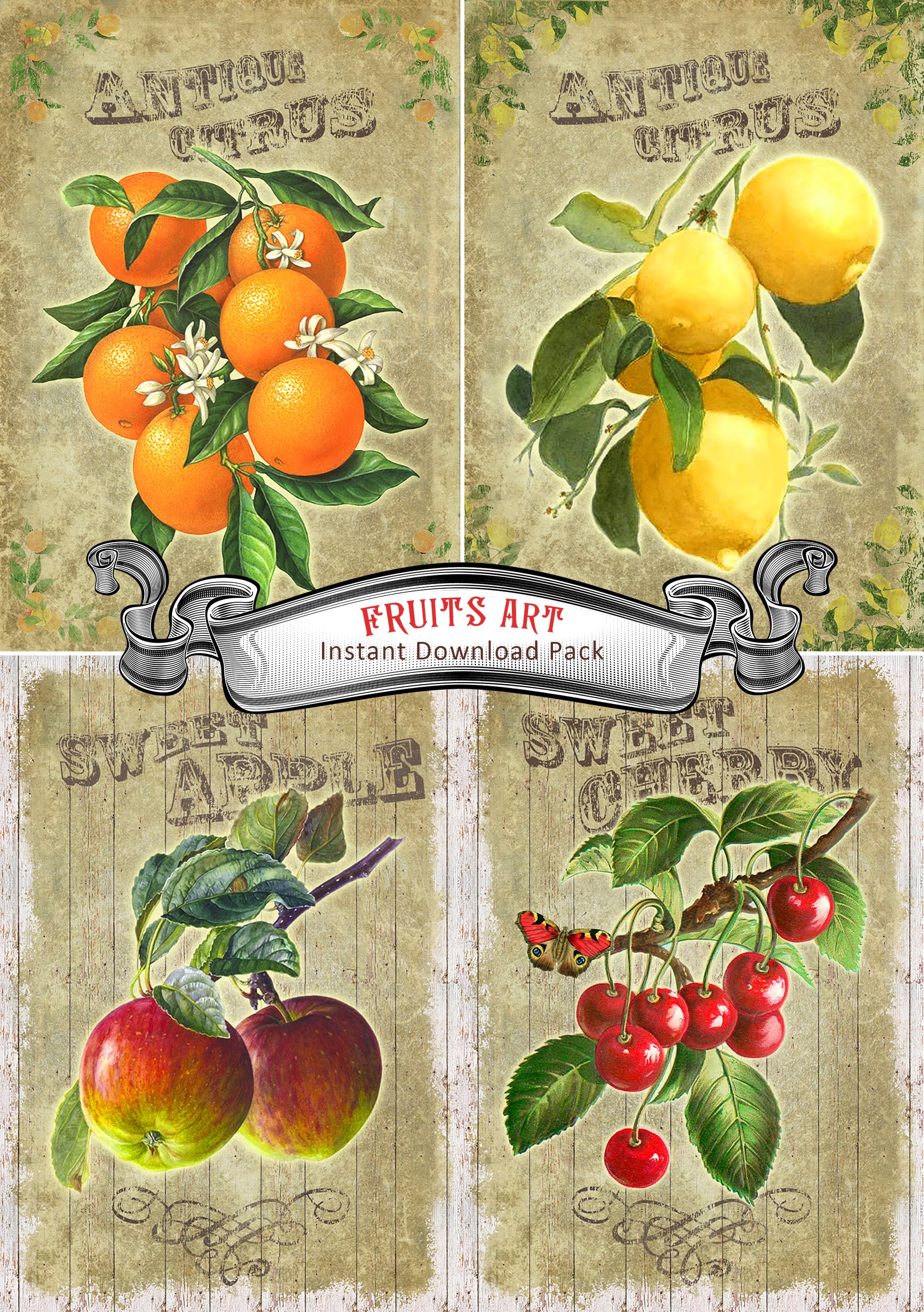 2+1 FREE Digital Printable Paper "fruits Art" A4 Sheet Set - 8 High ...