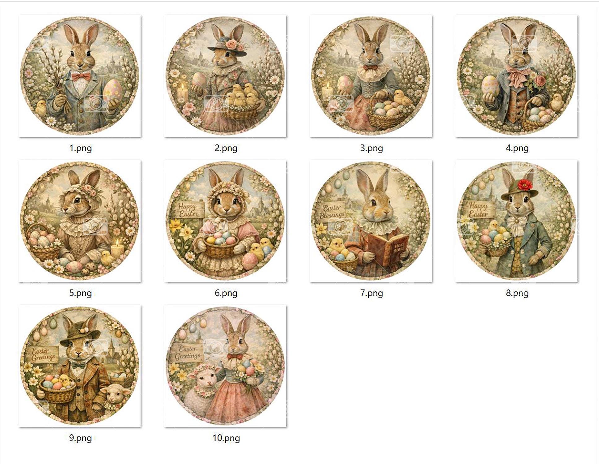 10 Easter Bunny Vintage Rabbit Round Images PNG & 2 Digital Printable ...