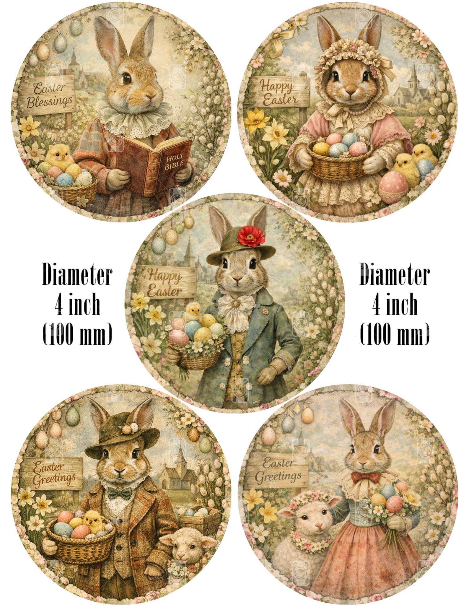 10 Easter Bunny Vintage Rabbit Round Images PNG & 2 Digital Printable ...