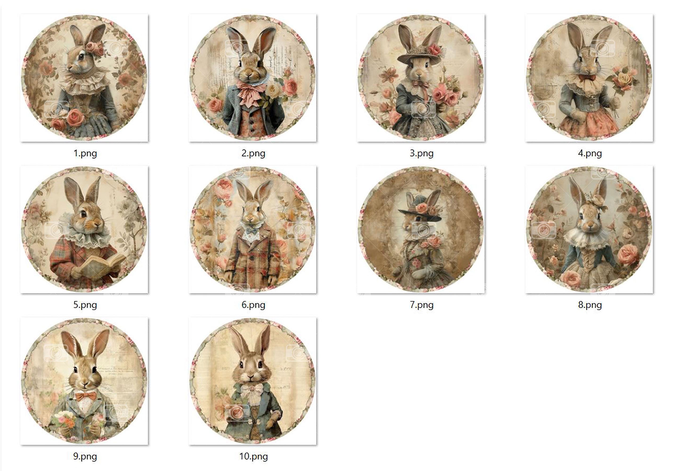 10 Vintage Rabbit Easter Bunny Round Images PNG & 2 Digital Printable ...