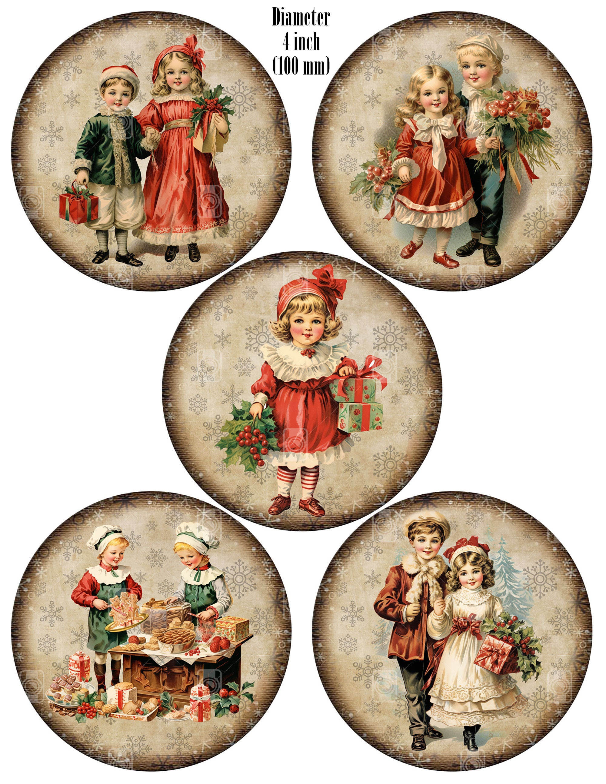 10 Retro Christmas Kids Vintage Victorian Art Round Images PNG and 3 ...