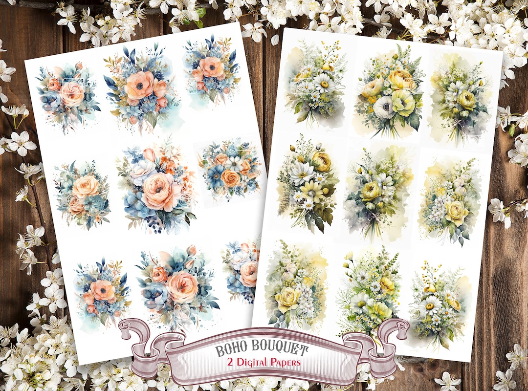 2 Digital Paper Printable Rose Boho Bouquet A4 Sheet Set -18 Floral ...