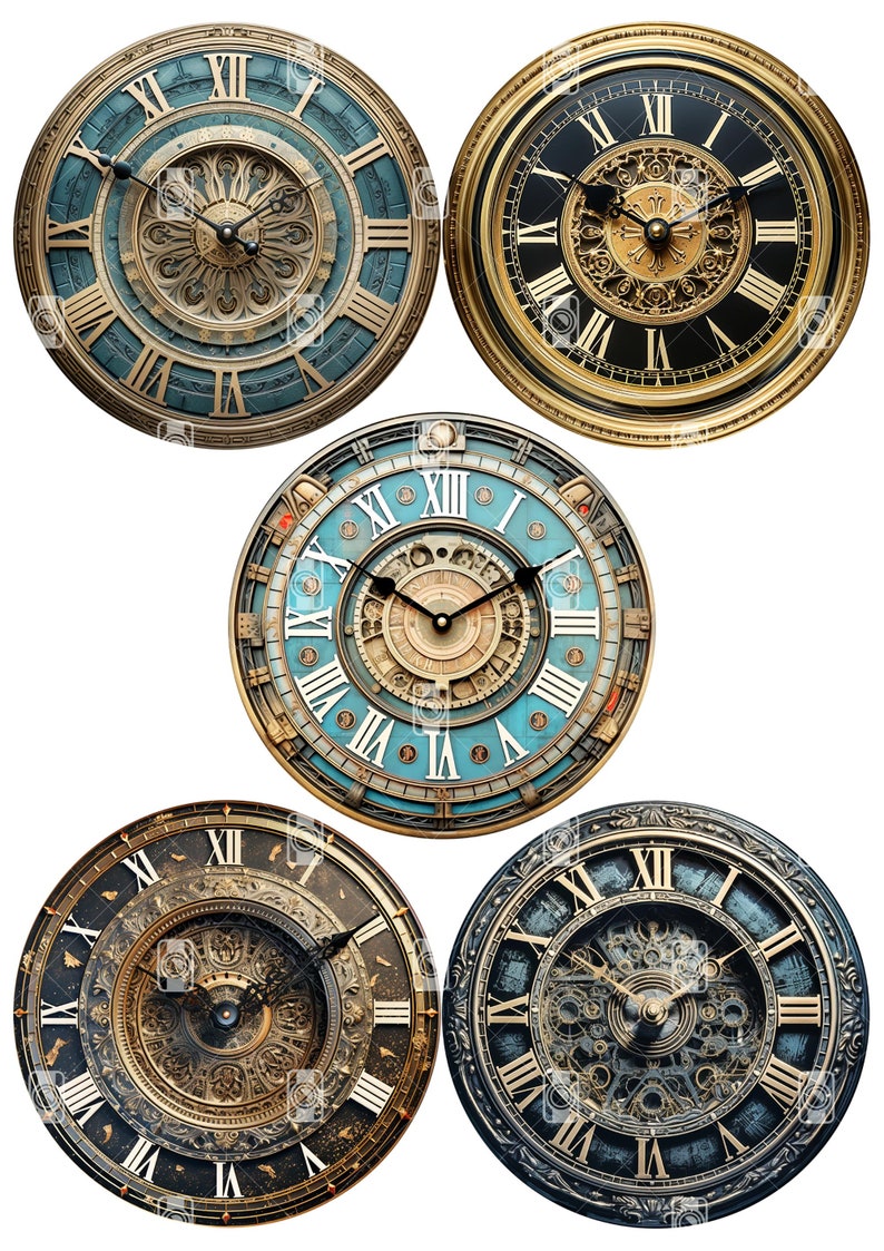 Vintage Clock Face PNG Images Kit and 2 Printable A4 Sheets 10 Round ...