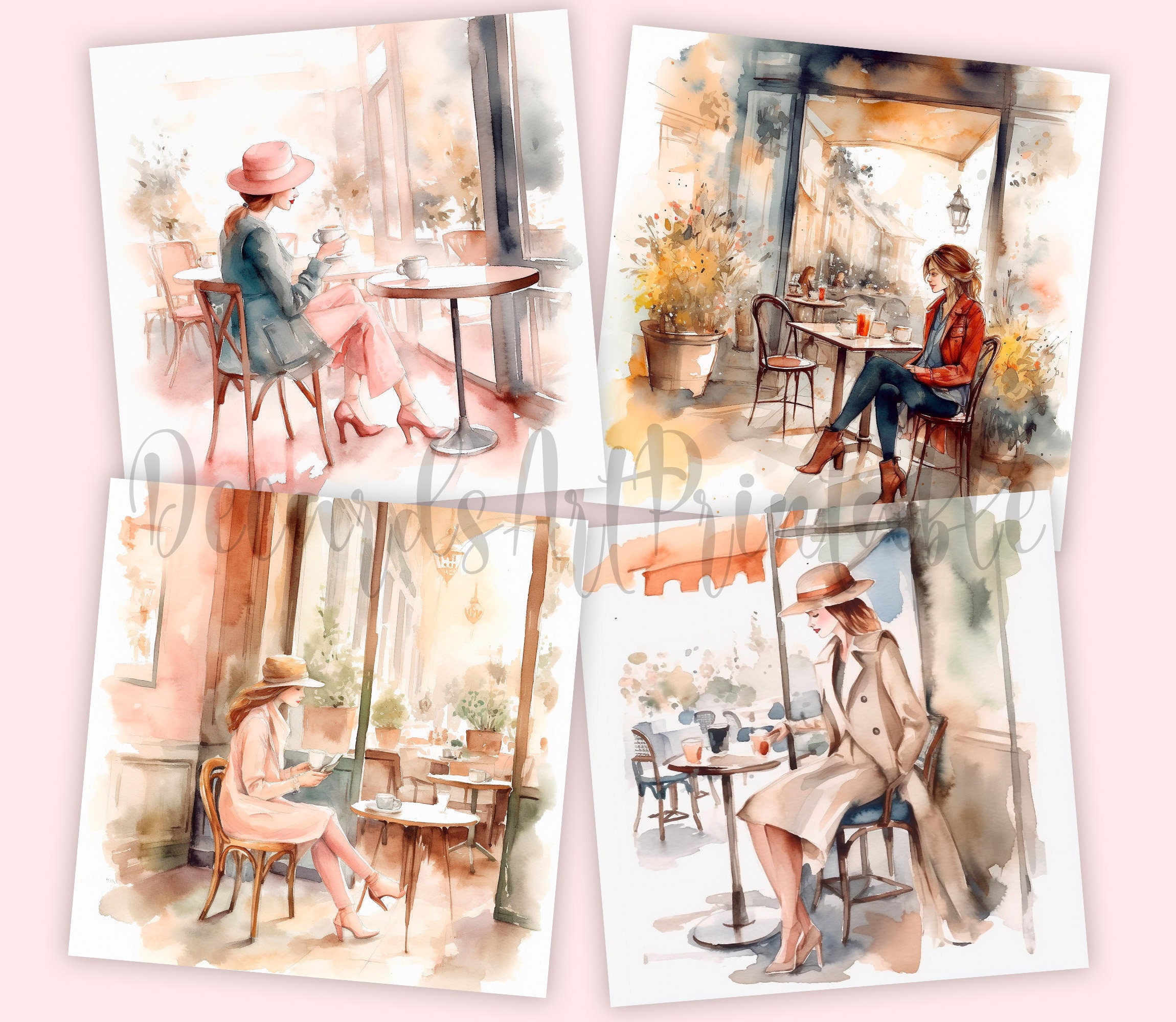 20 Cute Girl in a Cozy Cafe Watercolor Clipart, Spring Coffee Shop ...