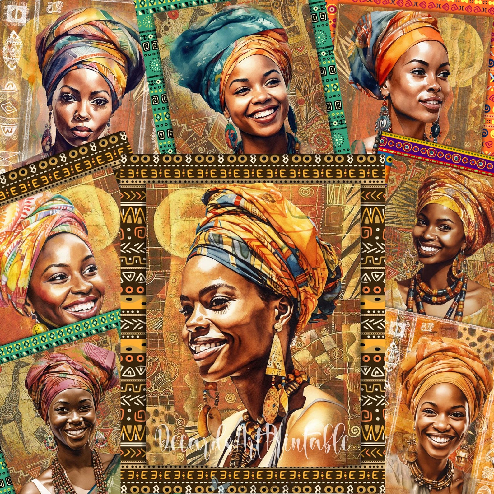 African Woman Portrait Paintings Digital Paper Pack - 8 Printable 8.5 ...