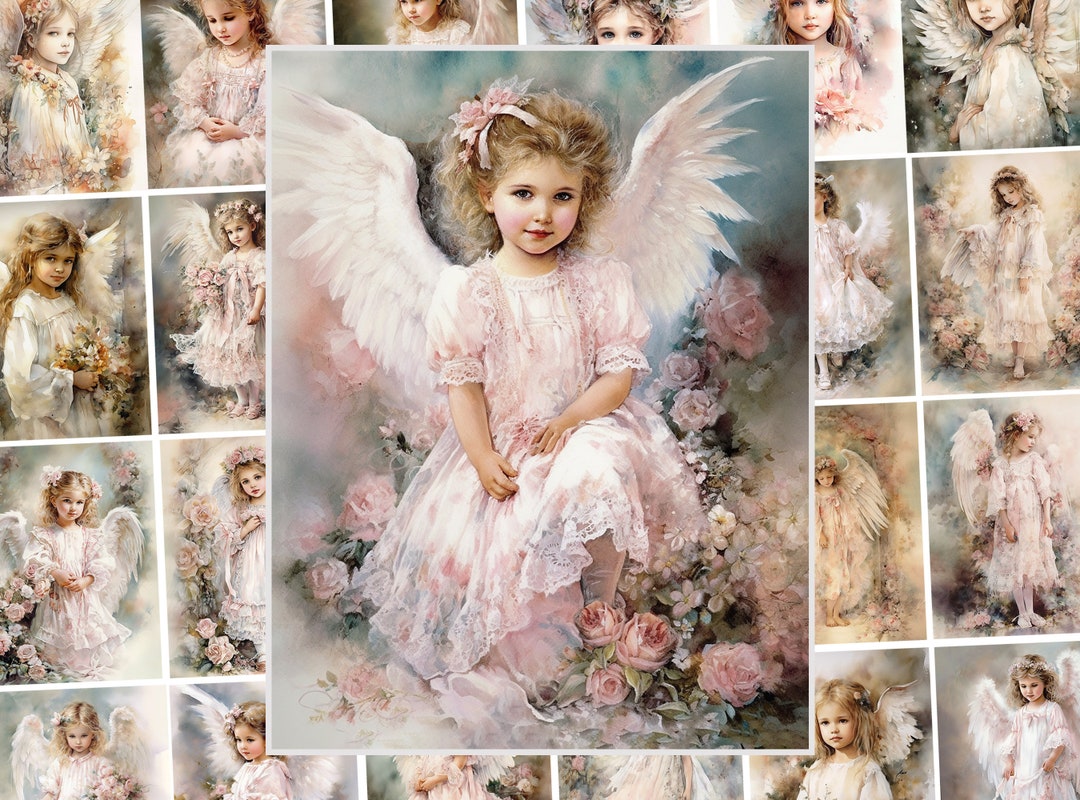 22 Small Angel Painting Digital Paper Pack - Watercolor Cute Little ...