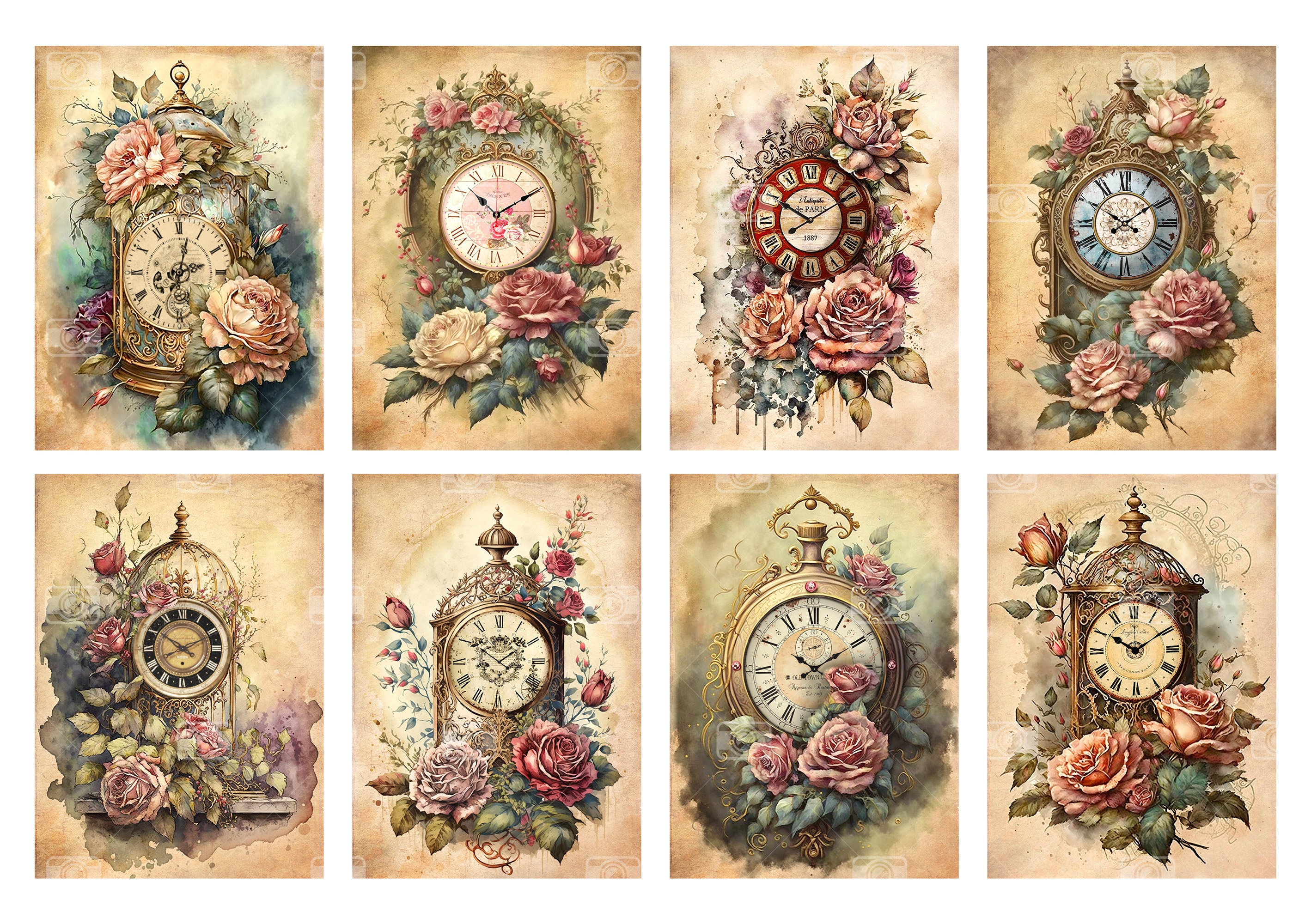 Floral Antique Clock Digital ATC Cards - 8 Printable Cottagecore Art ...
