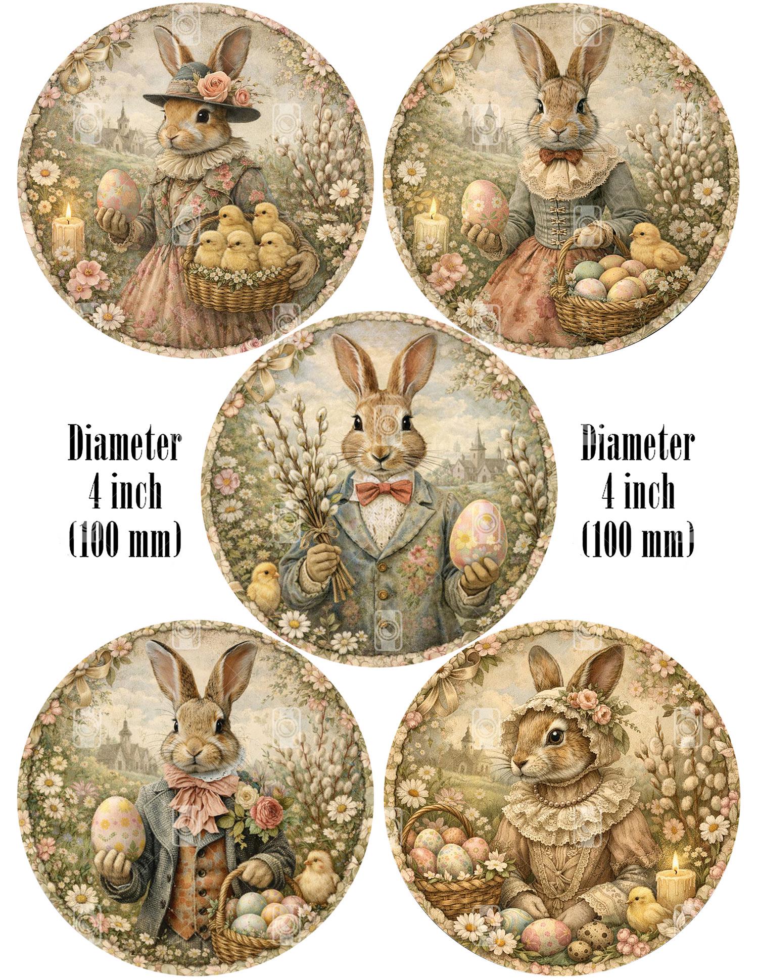 10 Easter Bunny Vintage Rabbit Round Images PNG & 2 Digital Printable ...